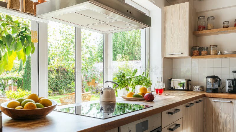 A Modern Kitchen with a Window Overlooking a Garden, a Kettle on a ...