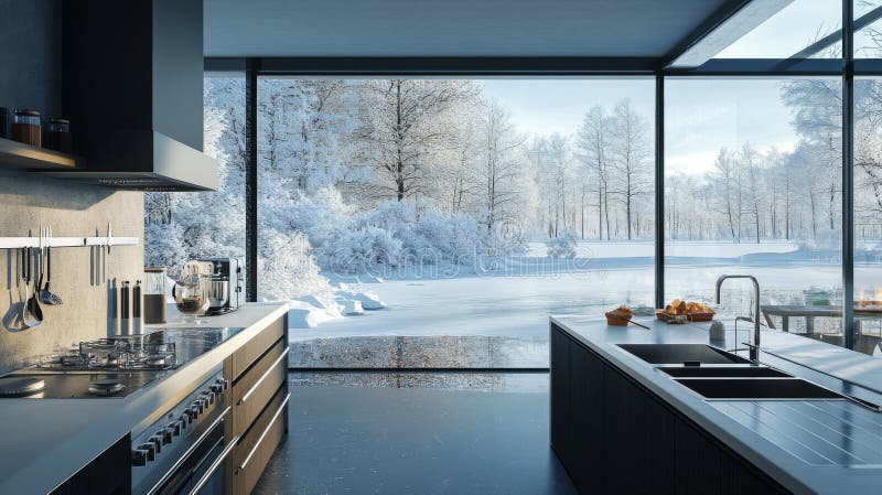 Modern Kitchen with Window View of Snowy Forest Stock Illustration ...
