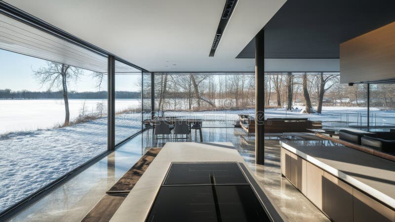 Modern Kitchen with Winter Lake View Stock Illustration - Illustration ...