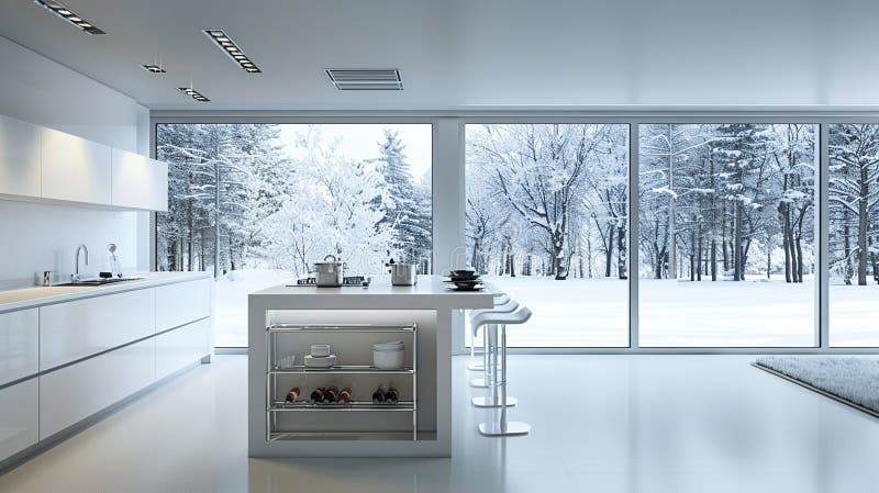 Modern Kitchen with Wintery View Stock Illustration - Illustration of ...