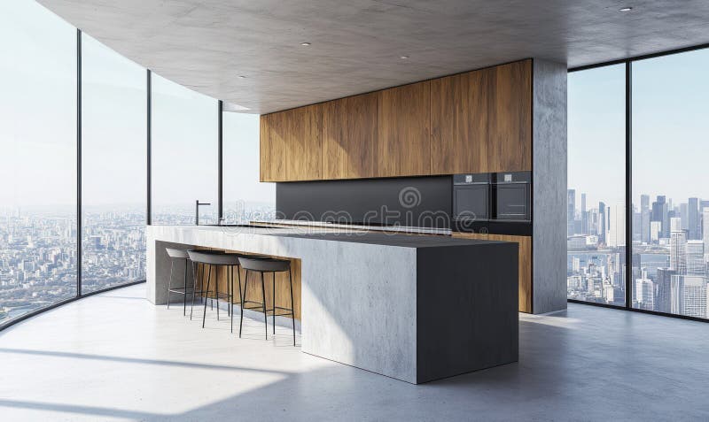 Modern Kitchen with Wood and Concrete Elements, Large Island, and ...