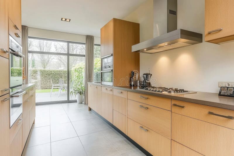 Modern Kitchen with Wooden Cabinets and Large Windows Overlooking a ...