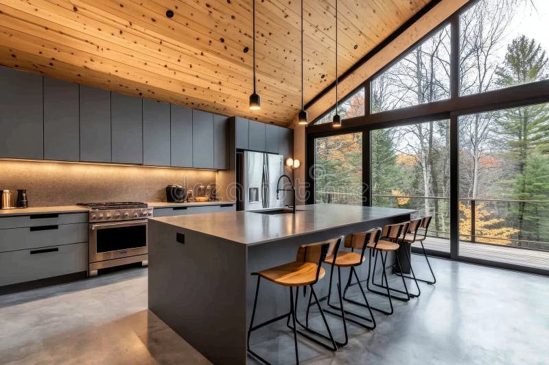 Modern Kitchen with Wooden Ceiling and Large Windows Overlooking Nature Stock Illustration ...