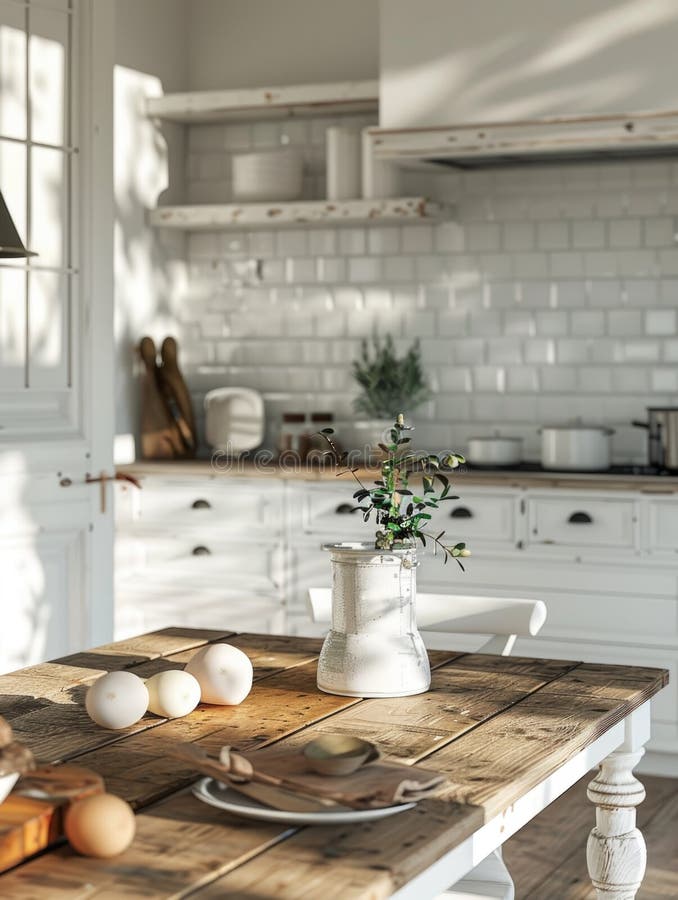 A Modern Kitchen with a Wooden Table and White Cabinets Stock Photo ...