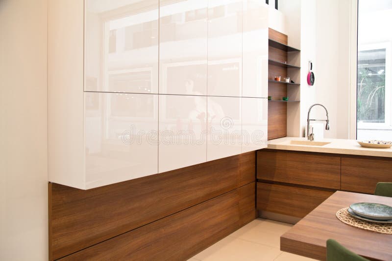 Modern Kitchen, Wooden Walnut Dining Table and Green Chairs Stock Image ...