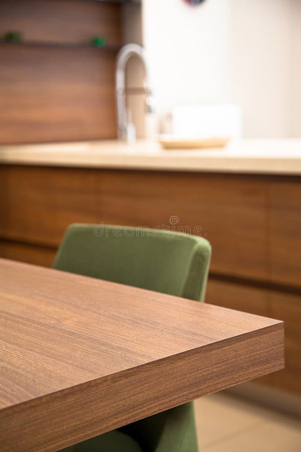 Modern Kitchen, Wooden Walnut Dining Table and Green Chairs Stock Image ...