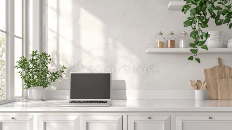 Modern Kitchen Workspace with Laptop and Bright Natural Light Stock ...