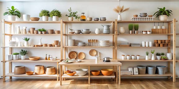 Modern Kitchenware Display Sleek Shelves Showcase Organized Cookware ...