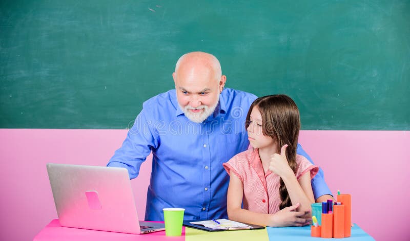 Modern Knowledge. Schoolgirl and Tutor with Laptop. Modern Education ...