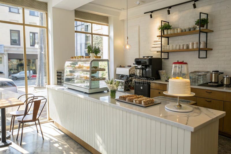 Modern Korean-style Cafe with Glossy White Counter Stock Illustration ...