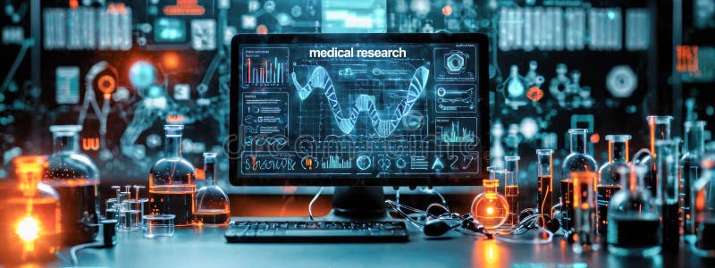 Modern Lab with Advanced Computer Showing Data Analytics, Surrounded by ...