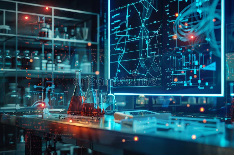 Modern Lab with Beakers, Flasks, Computer Screen Showing Math Equations ...