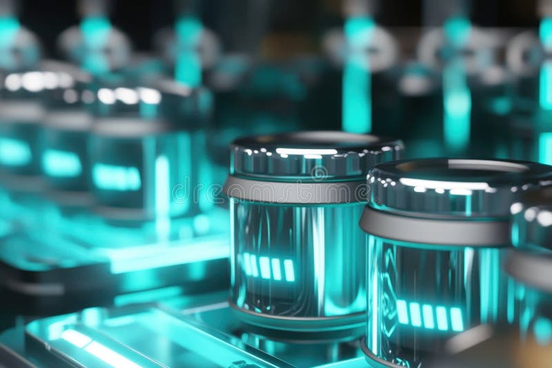 Modern Lab Features Blue-lit Transparent Vials in a High-tech Setting ...