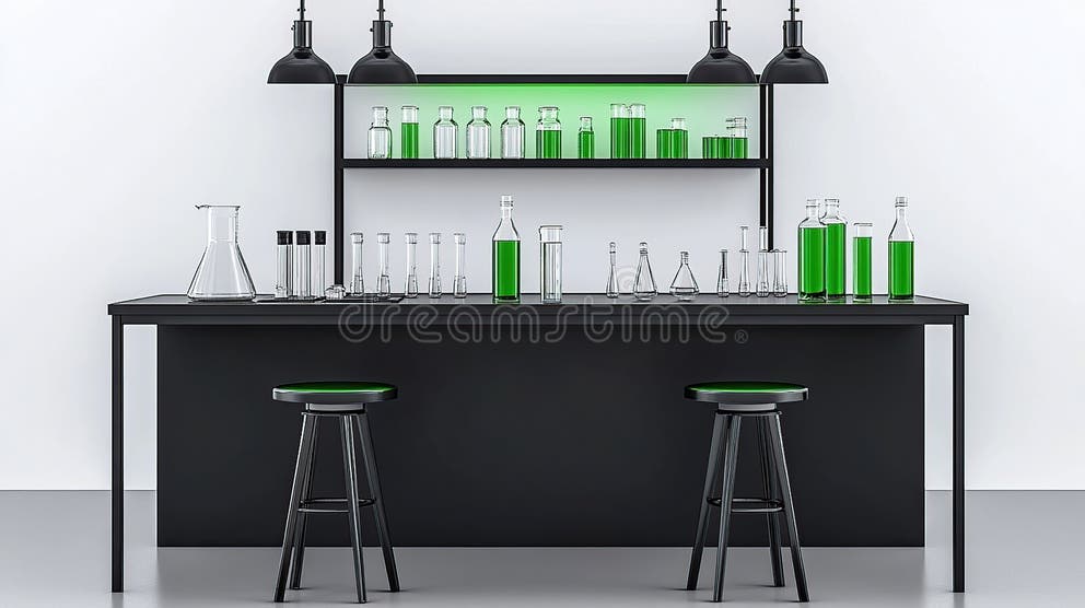 Modern Lab Glassware on Black Counter, White Room, Experiment Stock ...