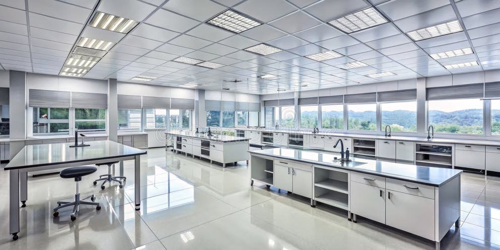 Modern Lab Interior Sleek White Design, Panoramic Views Stock ...