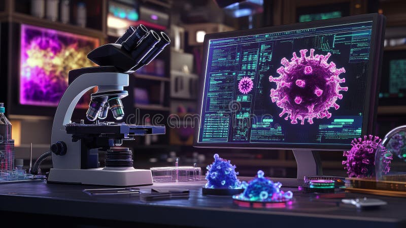 A Modern Lab with a Microscope and a Computer Screen that Displays a ...