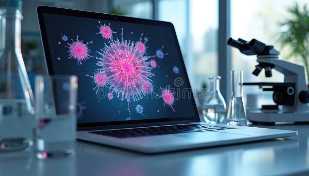 Modern Lab Scene Molecular Visualization on Laptop Screen. Virus Model ...