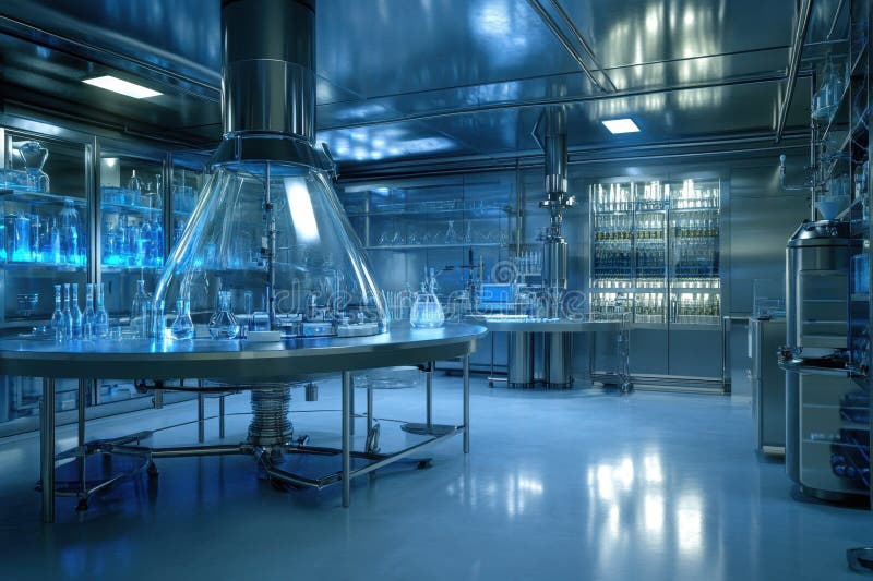 Modern Laboratory with Advanced Equipment and Blue Lighting during a ...