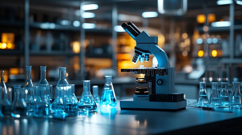 Modern Laboratory with Advanced Microscope and Glowing Scientific Equipment Under Blue Lighting ...