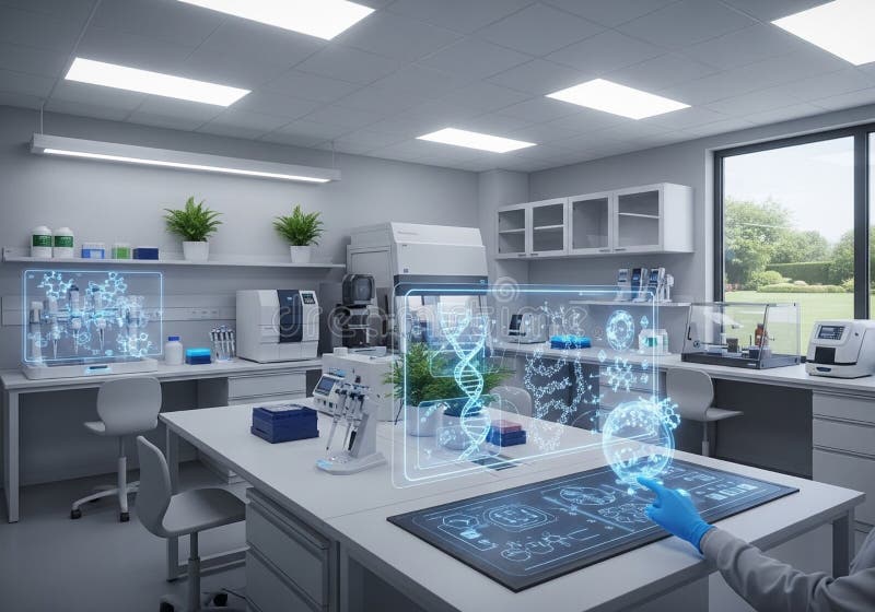 A Modern Laboratory with Advanced Technology, Featuring Multiple Workstations with Digital ...