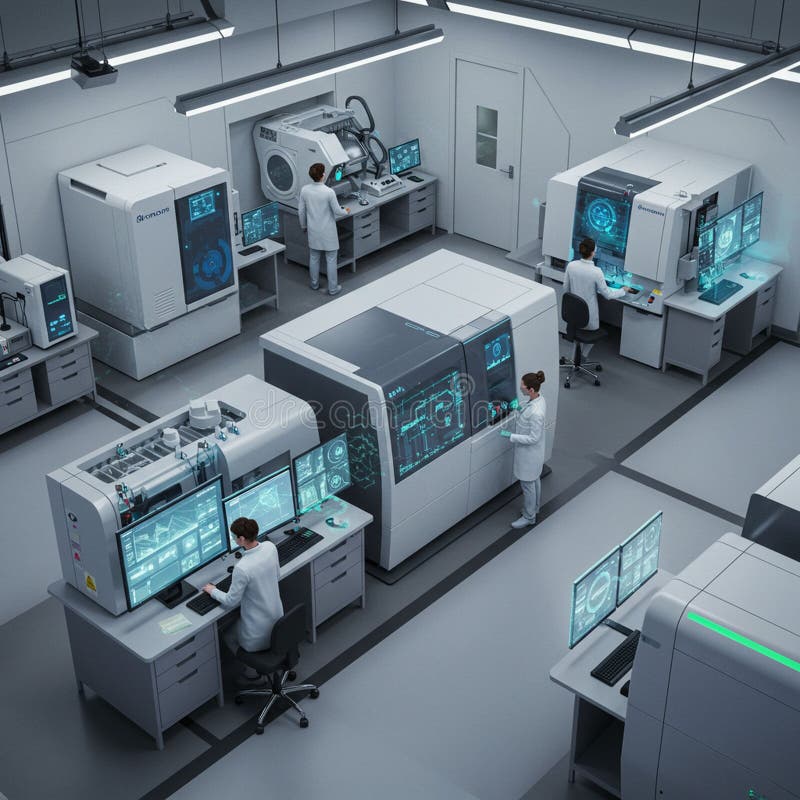 Scientists in White Robes and Big Computer Monitor with DNA Molecule on ...