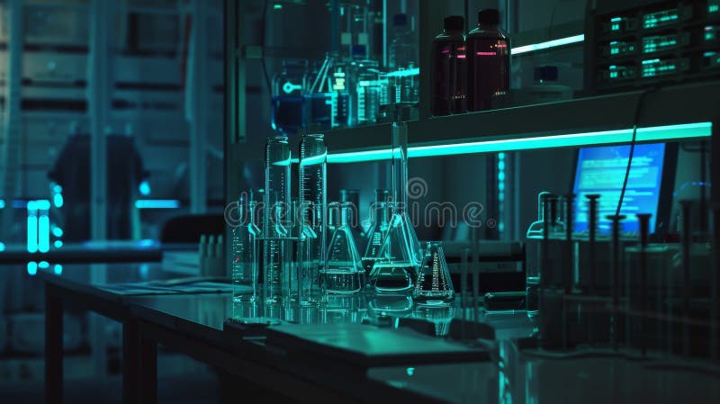 Modern Laboratory with Blue Lighting and Glassware Stock Photo - Image ...