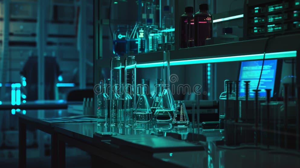 Modern Laboratory with Blue Lighting and Glassware Stock Photo - Image ...