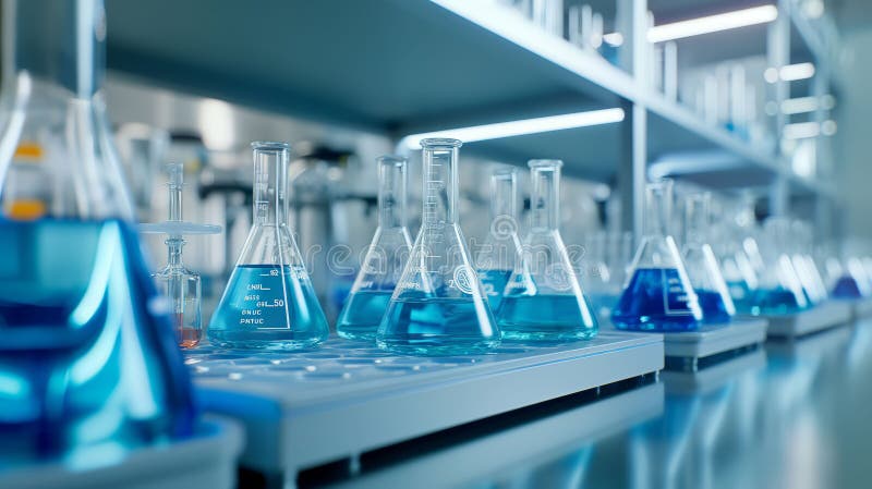 Modern Laboratory with Blue Liquids Stock Photo - Image of liquids ...