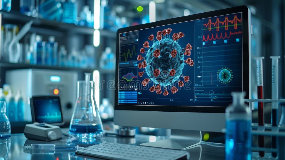 Modern Laboratory with Computer Displaying Virus Research. High-tech ...