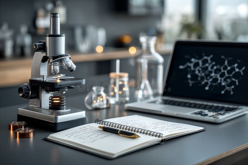 Modern Laboratory Equipment, Including a Microscope, Laptop Displaying ...