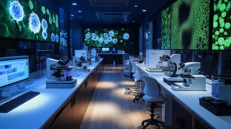 Modern Laboratory Equipped with Microscopes Displaying Cells on Screens ...
