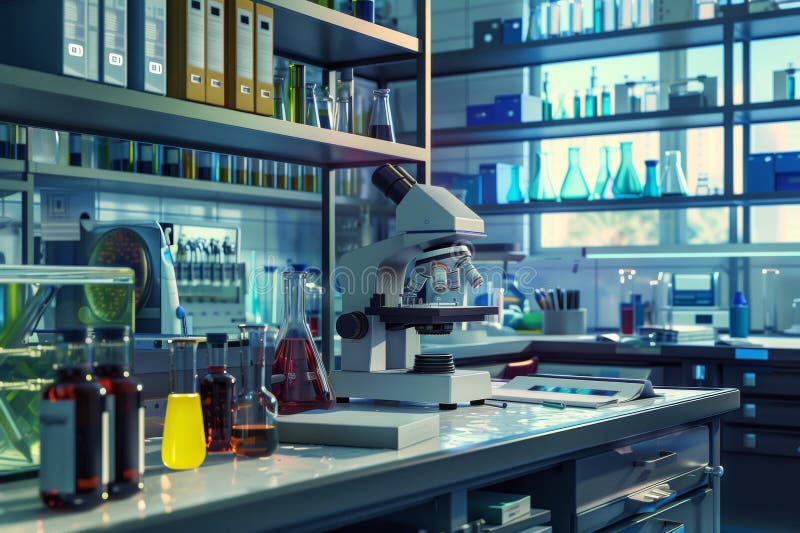 A Modern Laboratory is Equipped with Microscopes, Various Glassware ...