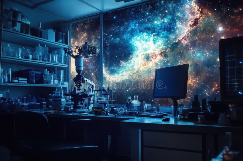 Laboratory with High-tech Equipment and a Stunning Cosmic Backdrop at ...