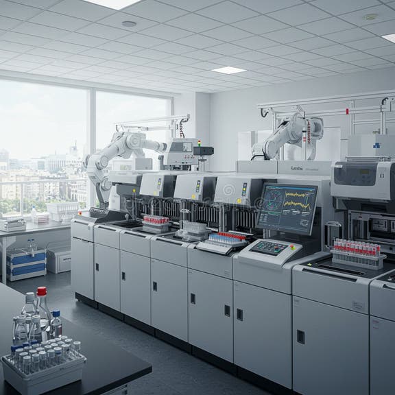 Modern Laboratory Featuring Robotic Arms for Automation, Electronic ...