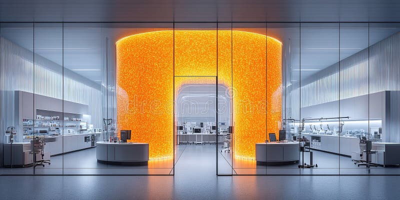 Modern Laboratory with Glowing Orange Feature Wall and High-tech ...