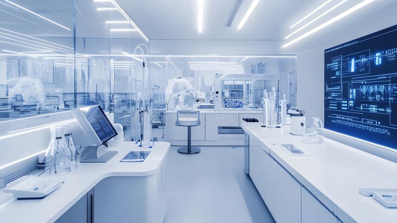 Modern Laboratory Interior with Blue Data Visualizations on a Large ...