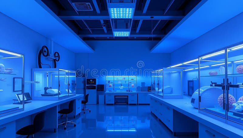 Modern Laboratory Interior with Blue Lighting, Science Research and Lab ...