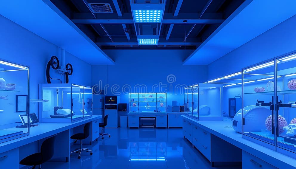Modern Laboratory Interior with Blue Lighting, Science Research and Lab ...