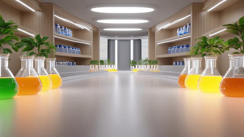 Modern Laboratory Interior with Colorful Chemical Solutions and Plants ...