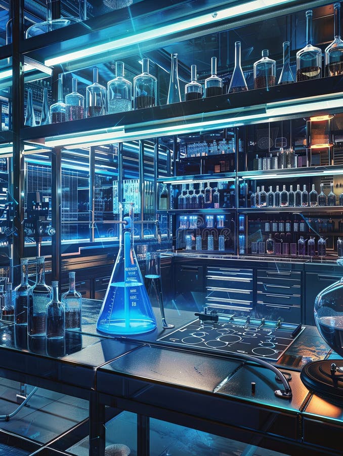 A Modern Laboratory Interior Featuring Glassware and Equipment Under ...