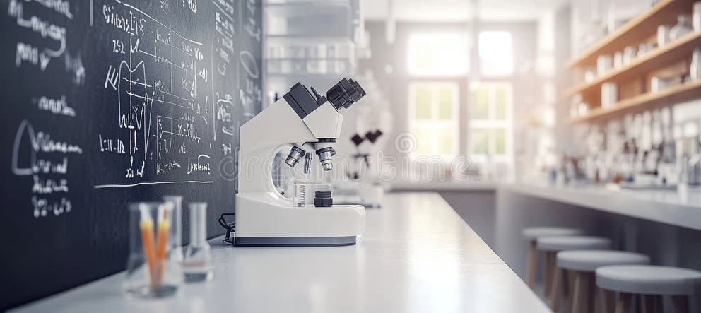 Modern Laboratory Interior with Microscope, Chalkboard Formulas in Blur ...