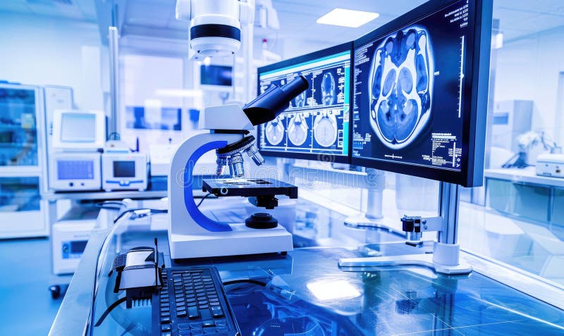 Modern Laboratory with a Microscope and Computer Screens Showing Brain ...