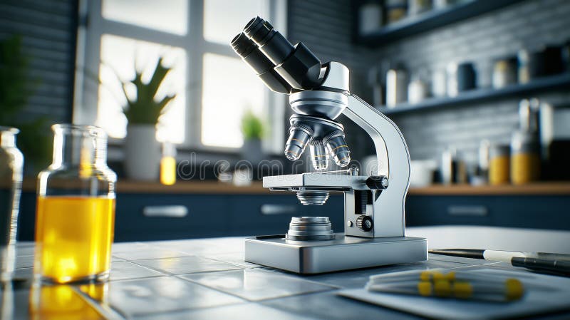 Modern Laboratory Microscope on Counter with Scientific Equipment and ...
