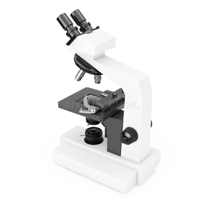 Modern Laboratory Microscope in Front of Periodic Table of Elements. 3d ...