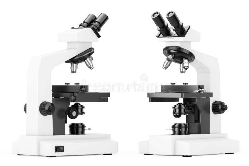 Modern Laboratory Microscope in Front of Periodic Table of Elements. 3d ...