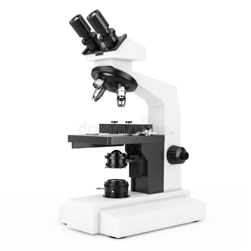 Modern Laboratory Microscope in Front of Periodic Table of Elements. 3d ...
