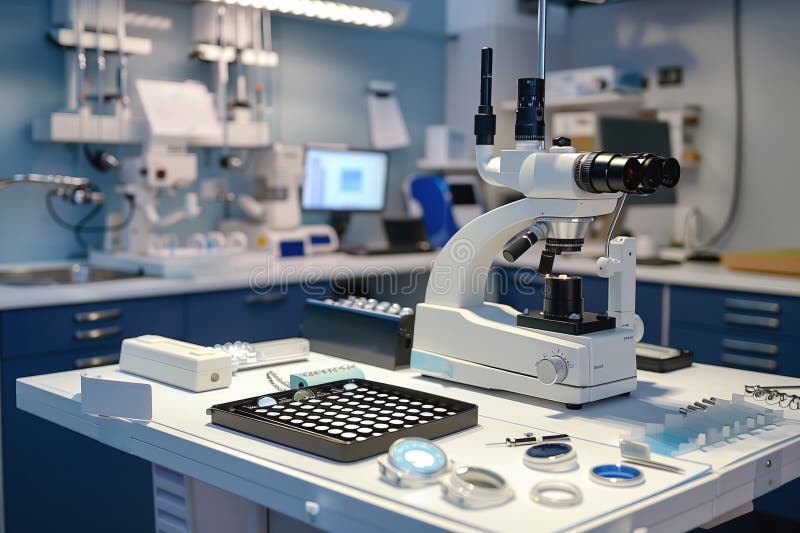 Modern Laboratory with Microscope and Organized Samples on Desk Stock ...