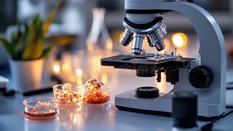 Modern Laboratory Microscope with Samples in Petri Dishes for ...