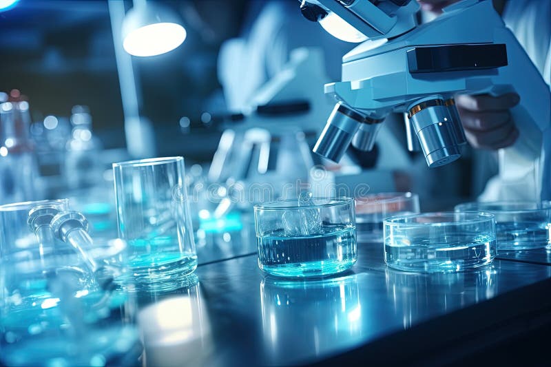 Modern Laboratory. Microscope and Scientific Specimens in Flasks and ...