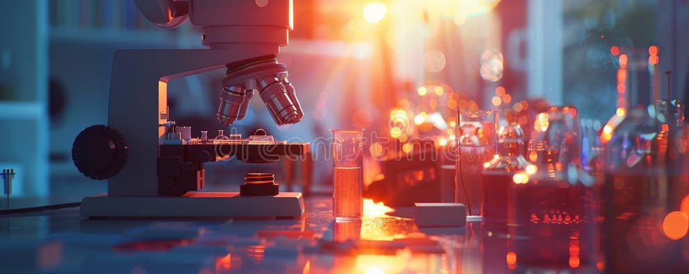Modern Laboratory with Microscope and Test Tubes at Sunset Scientific ...